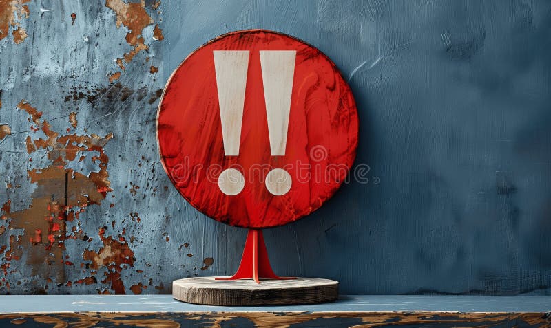 Red Exclamation Mark Warning Symbol on Wooden Stand Against Grey Wall ...