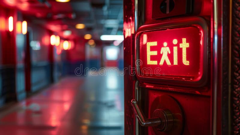 Red Exit Sign in a Building Corridor Stock Image - Image of security ...