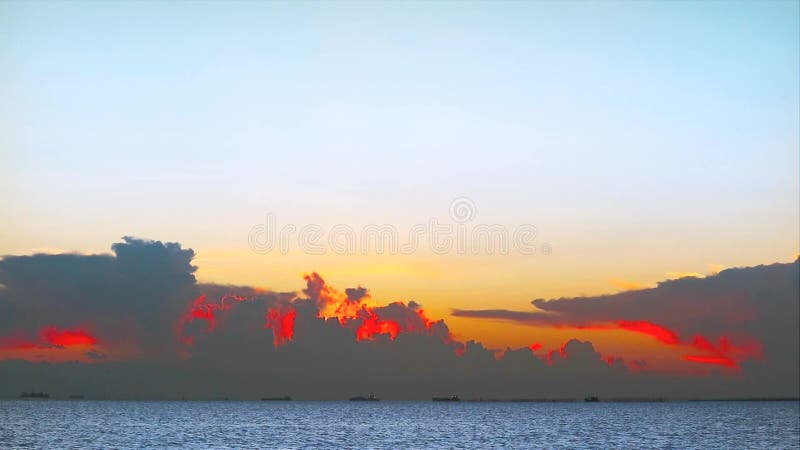 Red Explosive Sunset Ray Light Sky and Cloud on Horizon Sea and Cargo ...