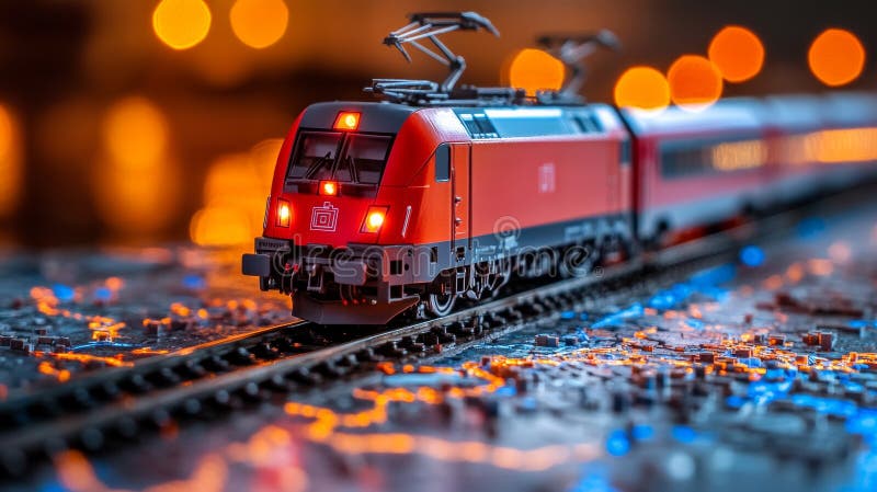 Red Express Train Traversing a Futuristic Cyberpunk City with Glowing ...