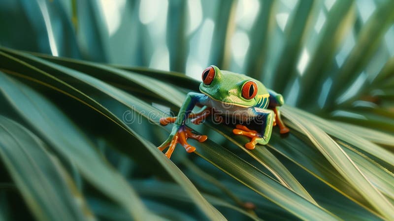 Red-eyed Amazon Frog, on a Palm Leaf Stock Image - Image of jump ...