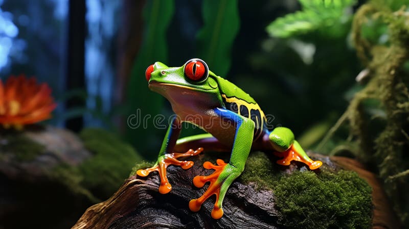 Red-eyed Frog Sitting on a Tree Log. AI Generative Stock Illustration ...