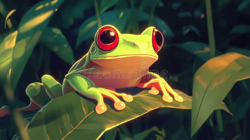 Red-Eyed Tree Frog on a Leaf in Lush Rainforest Stock Illustration ...