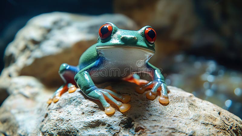 Red-eyed tree frog on rock stock photo. Image of jungle - 370697388