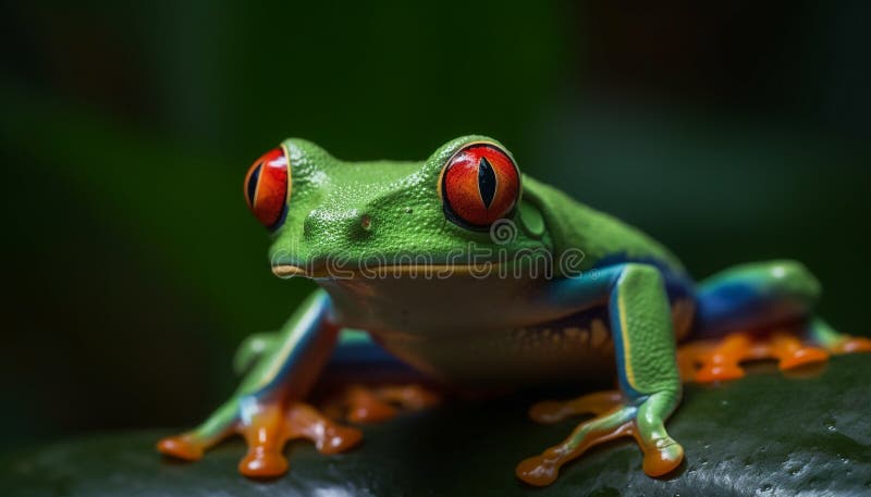 Red Eyed Tree Frog Sitting on Leaf, Looking with Curiosity Generated by ...