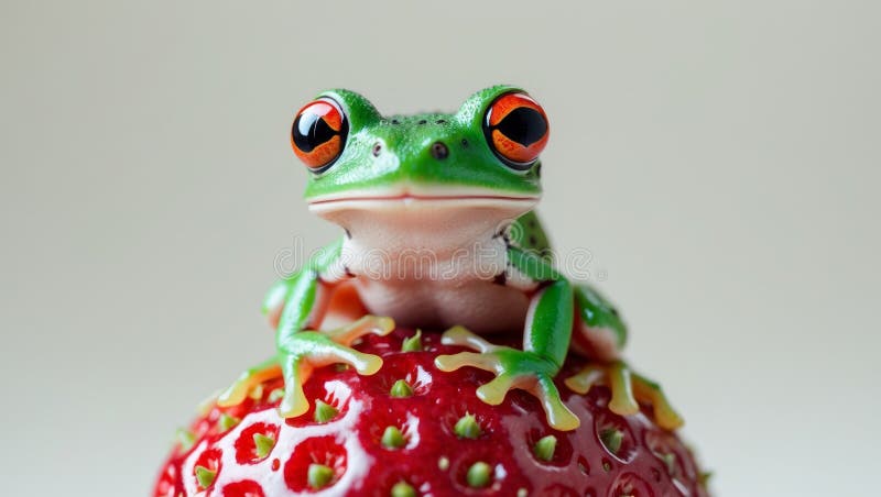 A Red Eyed Tree Frog Sitting on Top of a Strawberry Stock Photo - Image ...