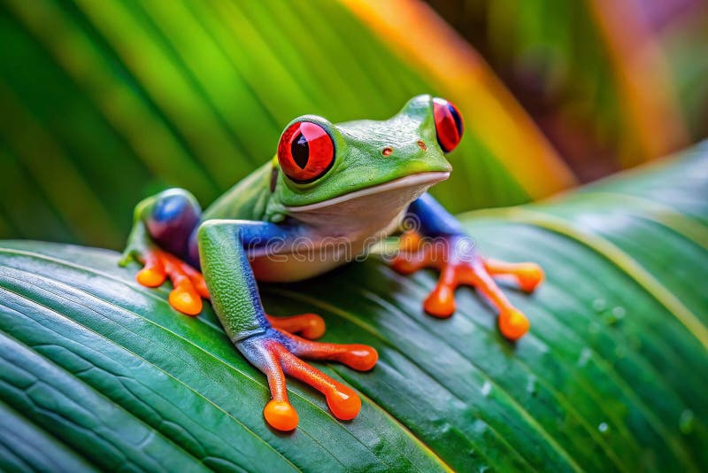 Red-eyed Tree Frog on Tropical Leaf, Vibrant Jungle Background Stock ...