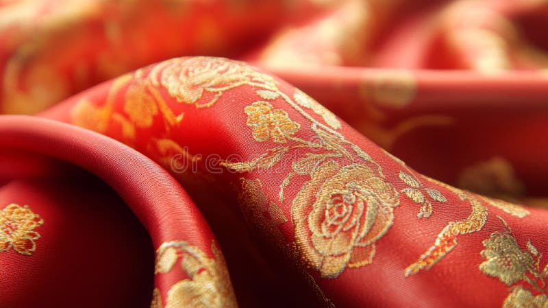 Red Fabric Draped with Gold Floral Design Stock Illustration ...