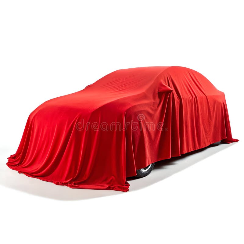 Red Fabric Draping Over a Car Isolated on White Background Stock ...