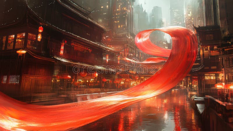 Red Fabric Flows through Futuristic Asian Cityscape Stock Illustration ...