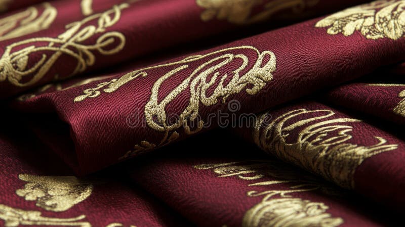 Red Fabric with Golden Floral Embroidered Pattern Stock Illustration ...