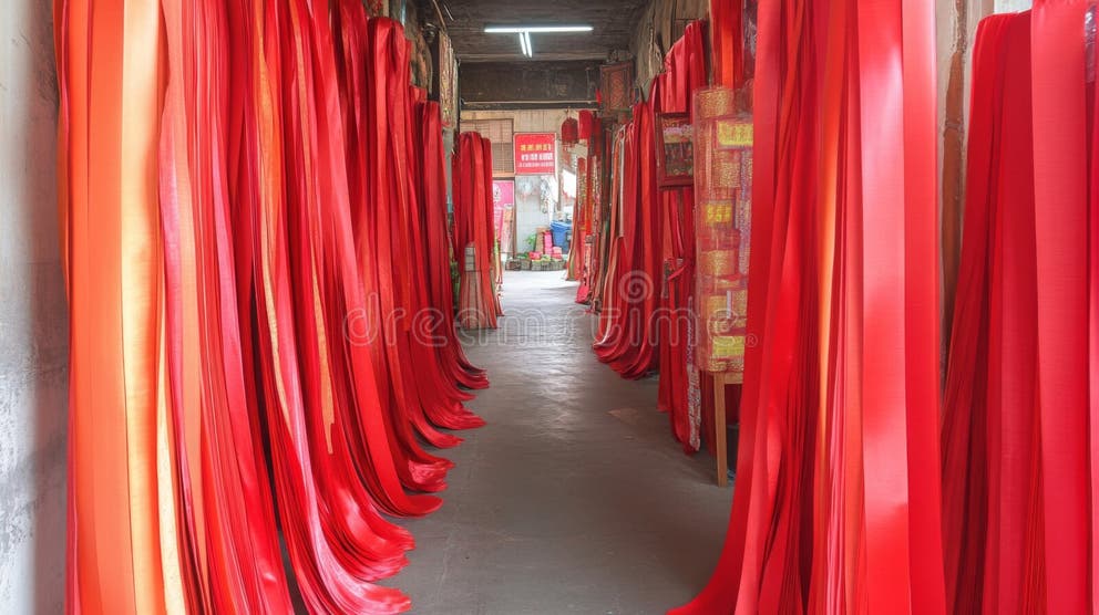 Red Fabric Hanging in a Narrow Passageway Stock Illustration ...