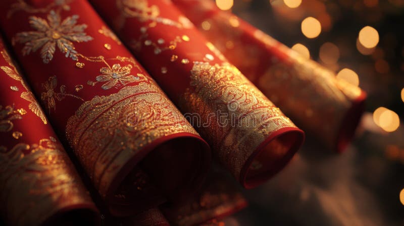 Red Fabric Rolls with Gold Embroidered Detailing Stock Illustration ...