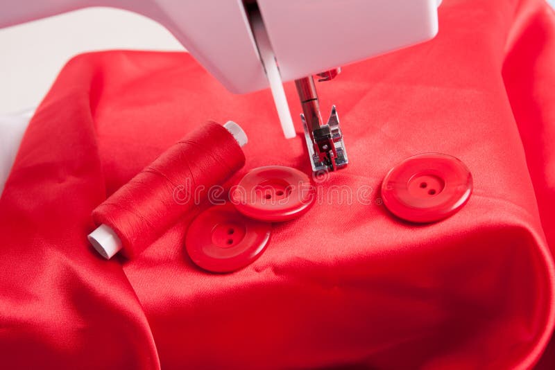 Red Fabric and Sewing Accessories Stock Photo - Image of cloth, machine ...