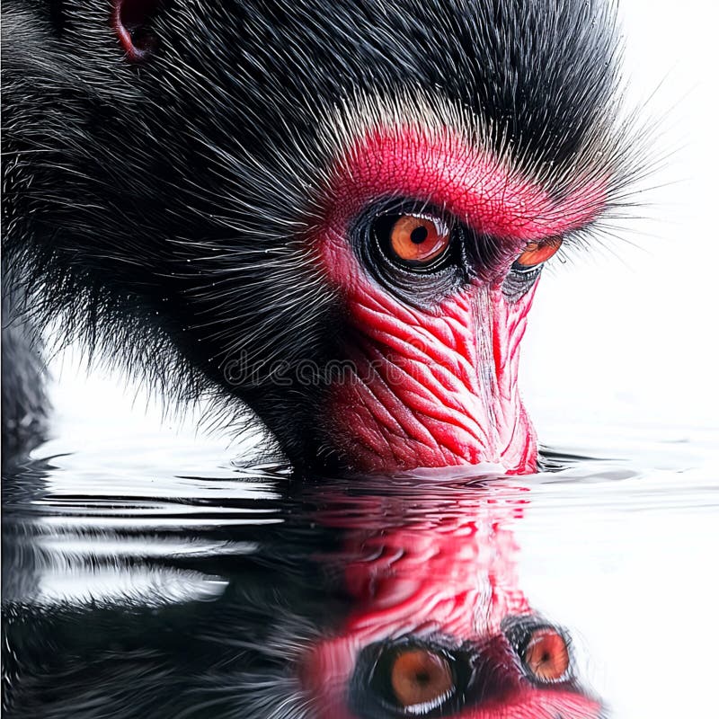Red Faced Monkey Drinking Water Reflection Primate Animal Isolated on ...