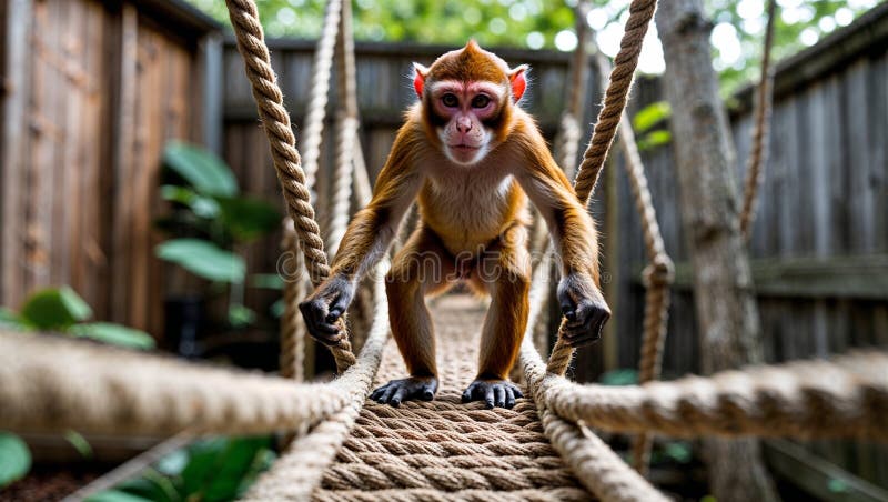 Red-faced Spider Monkey Crossing Rope Bridge in Backyard Enclosure ...