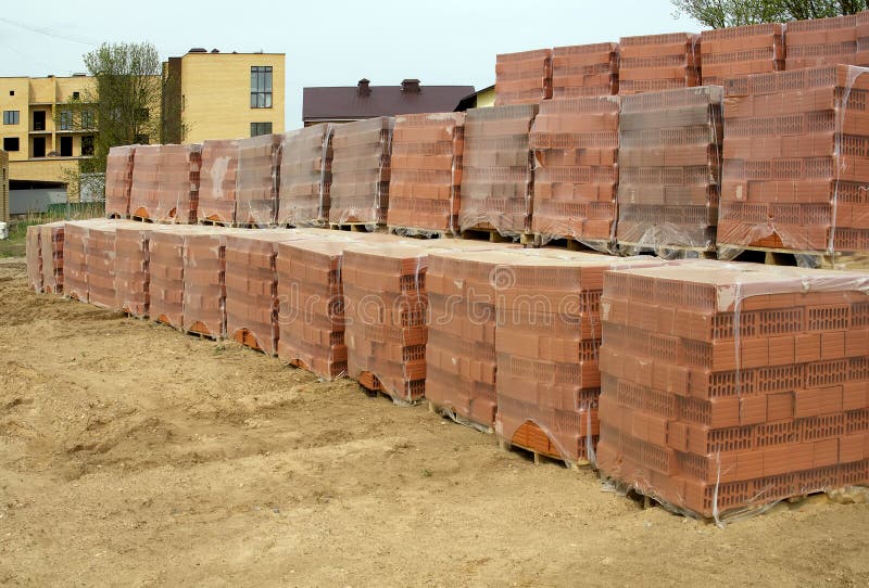 Packaging New Construction Red Brick on Pallets Stock Photo - Image of ...