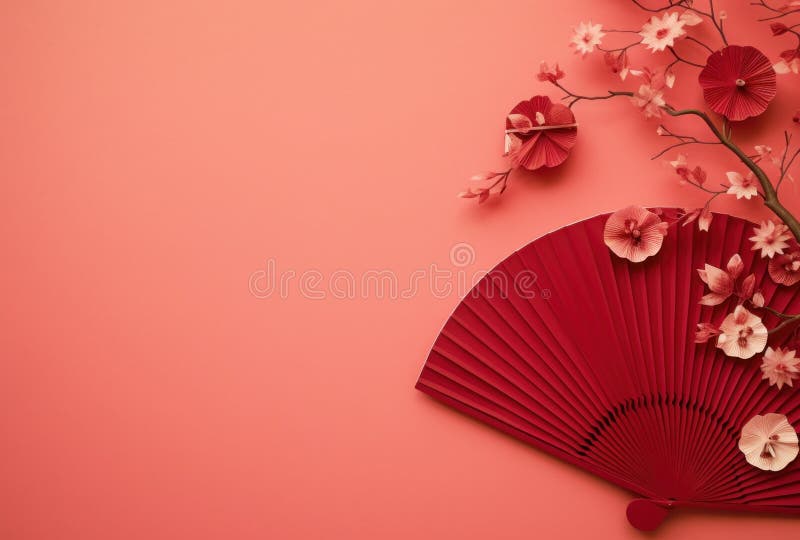 A Red Fan is Hung from a Pink Wall Stock Illustration - Illustration of ...