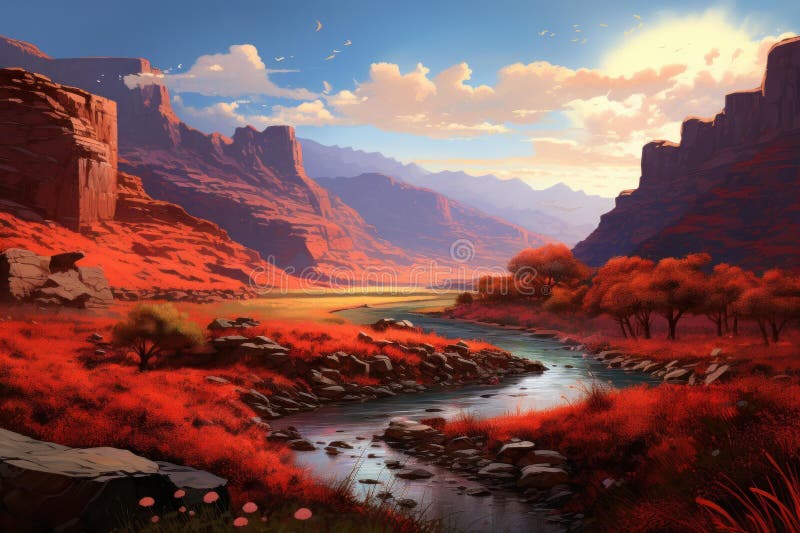 Red Fantasy River Landscape. Generate Ai Stock Image - Image of ...