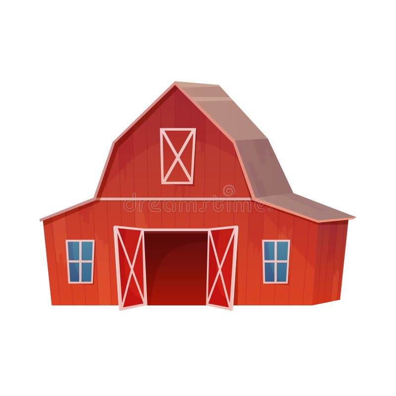 Red Farm Barn, Front View of Rustic House with Windows and Door on ...