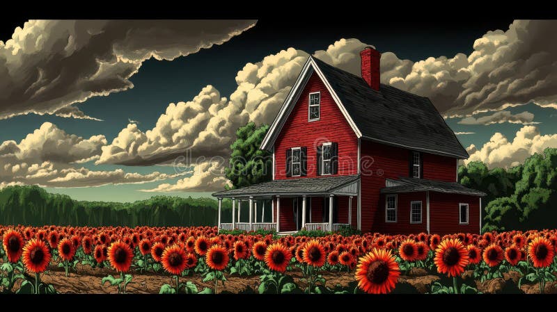 Red Farmhouse Sunflower Field Stock Illustration - Illustration of calm ...