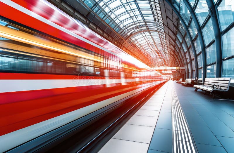 A Red Fast Moving Train through a City Rail Station at High Speed Stock ...