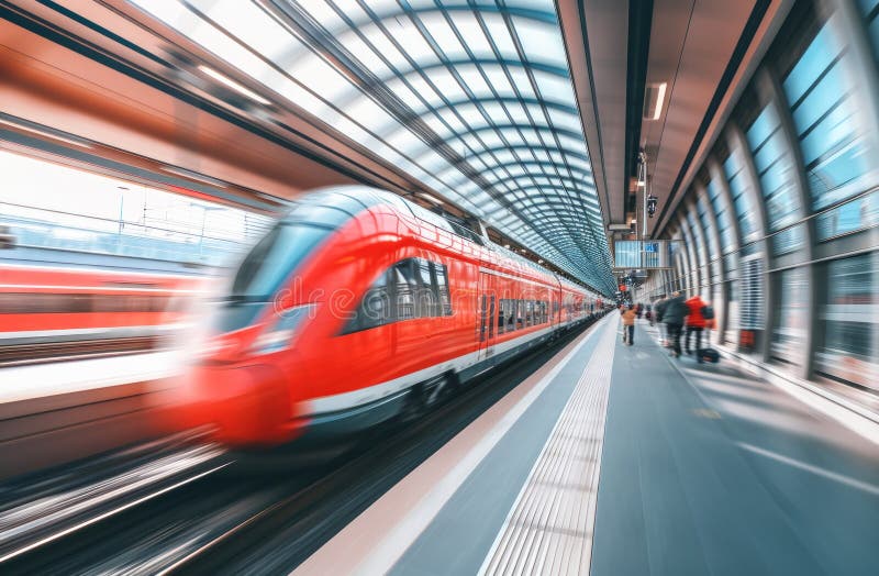 A Red Fast Moving Train through a City Rail Station at High Speed Stock ...