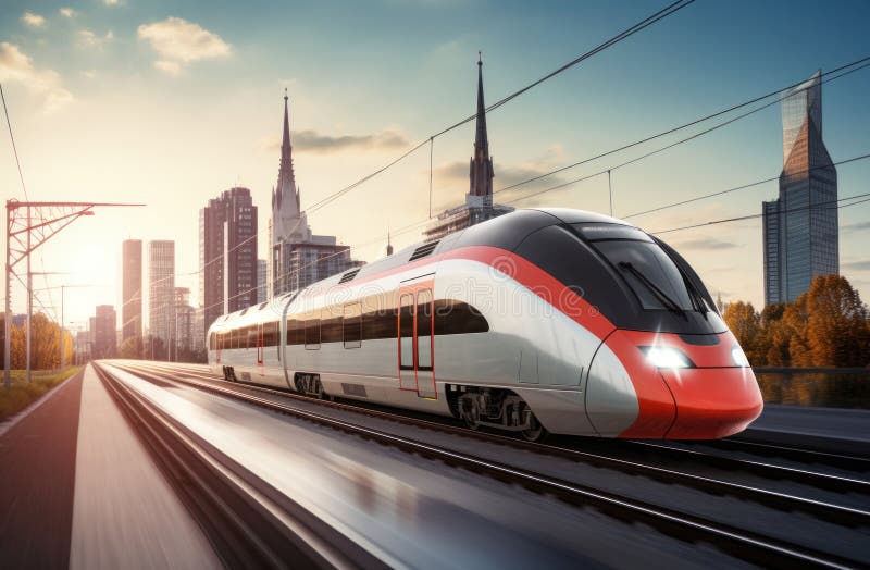 A Red Fast Train Moving on a City Street Stock Photo - Image of ...