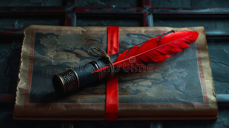 A Red Feather Pen Sitting on Top of an Old Book Stock Photo - Image of ...