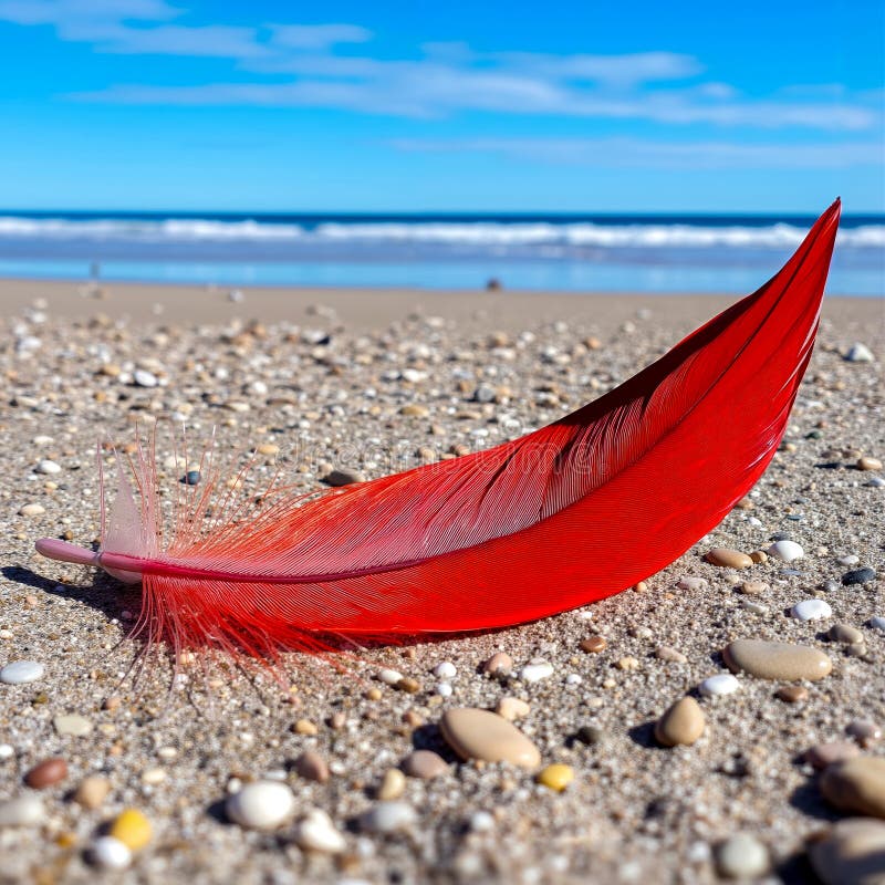 A Red Feather Laying on a Sandy Beach Next To the Ocean Stock Photo ...