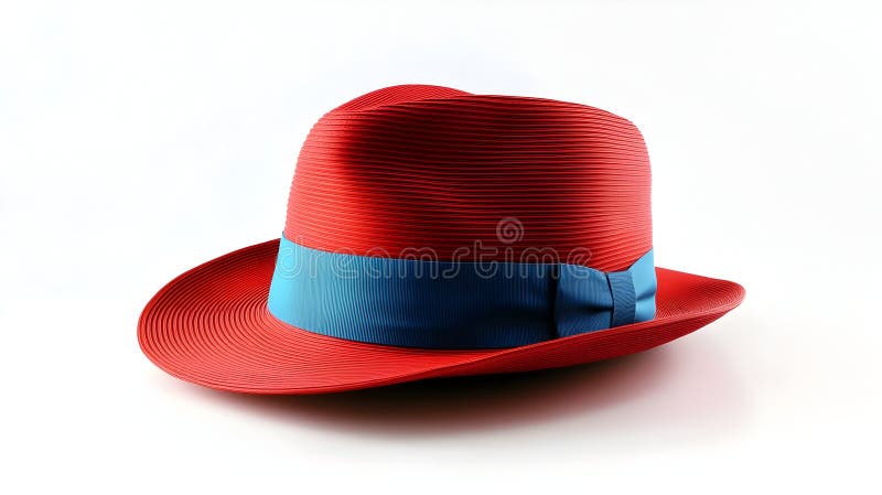 Red Fedora Hat with Blue Ribbon on White Background Stock Image - Image ...
