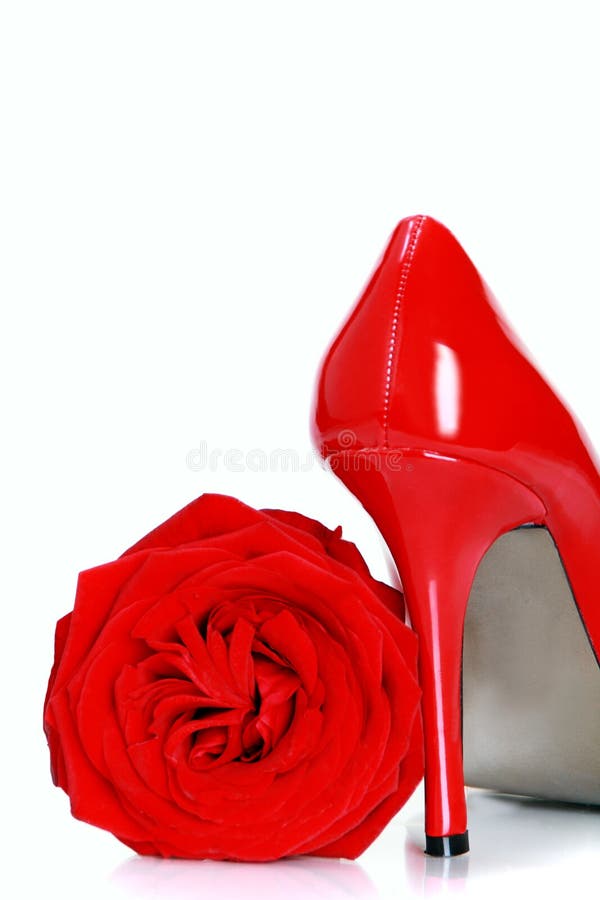 Red Female Shoes with High Heels and a Flower. Stock Image - Image of ...