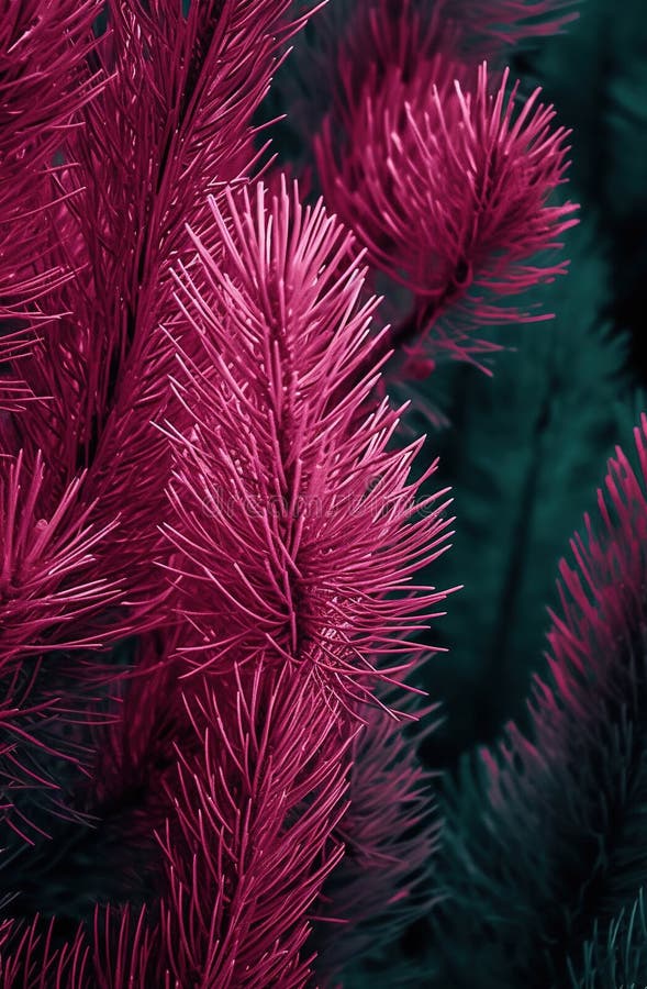 Red Fern Leaves. Pine Branches on Dark Backdrop of Young Pine Forest ...