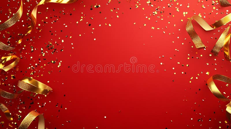 Red Festive Background with Gold Confetti and Ribbons Stock Image ...