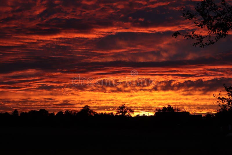 Red-fiery Sunset Over the Village on a Spring Evening Stock Image ...