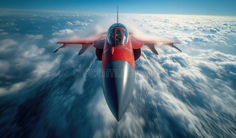 A Red Fighter Jet is Shown in Flight, Soaring through the Sky with ...