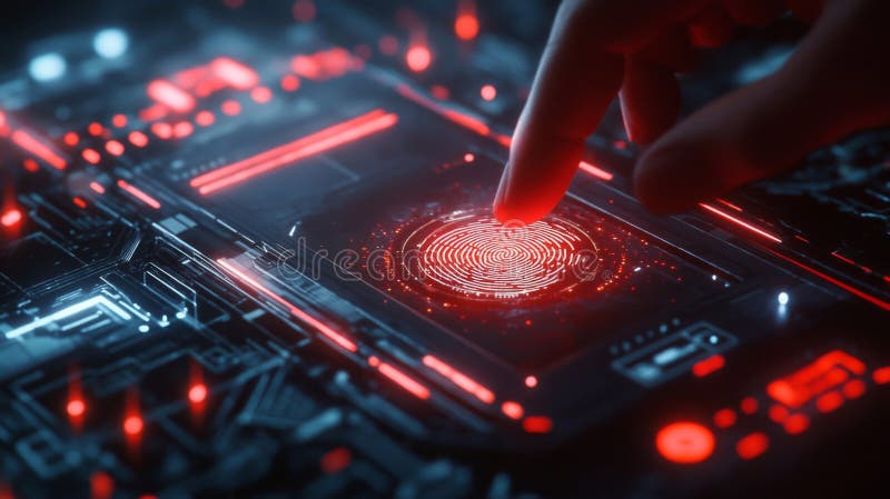 Red Fingerprint Scan on Futuristic Circuit Board Stock Illustration ...