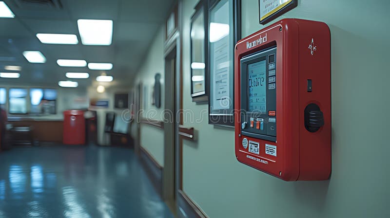 Red Fire Alarm Control Panel Mounted on a Hallway Wall Stock ...