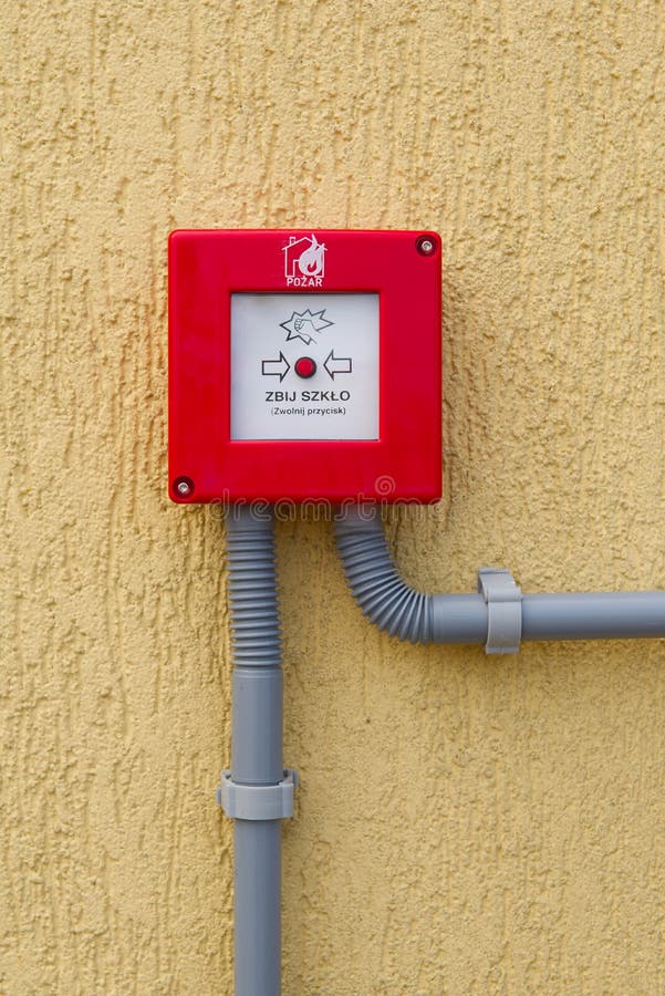 Red fire alarm switch stock photo. Image of wood, furniture - 254430772