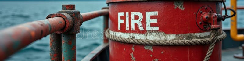 Red Fire Barrel on Ship Deck Against Ocean Backdrop Stock Image - Image ...