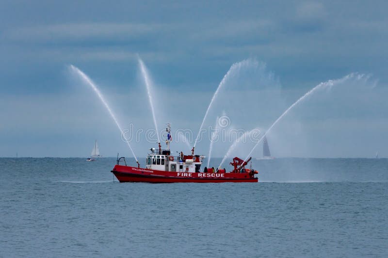 Red Fire Boat with Active Water Canons Editorial Stock Image - Image of ...