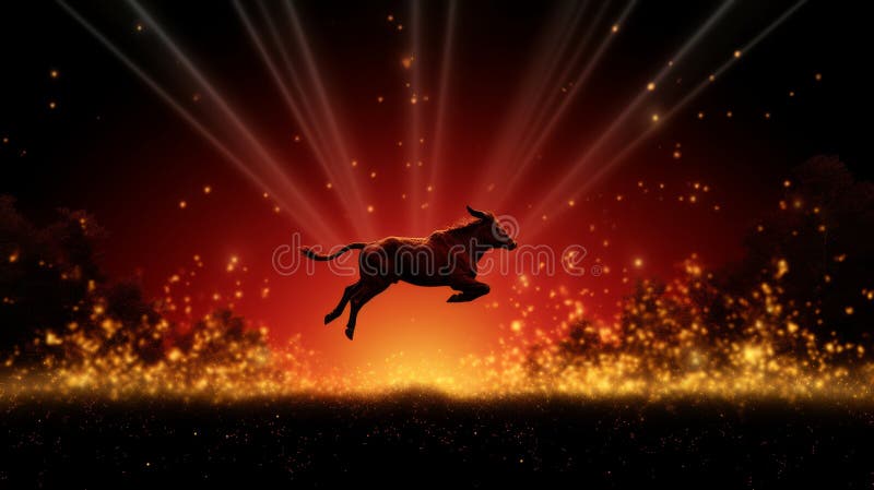 Red Fire Bull, Sparks Fly from Under the Hooves, Side View, on Night ...