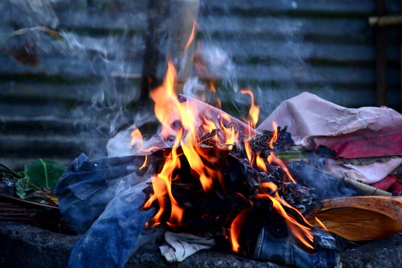 Red Fire Burn Rubbish House and Smoky Stock Image - Image of flare ...