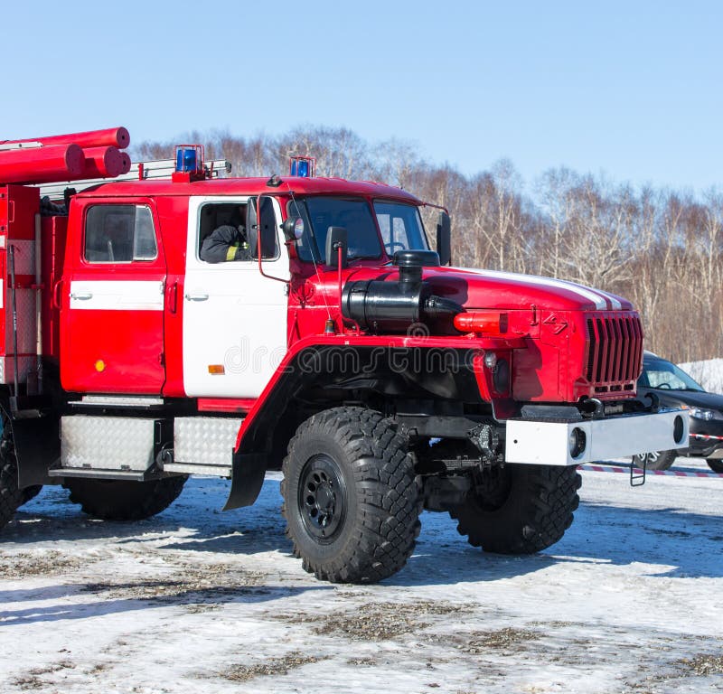 Red Fire-engine on a Post Near Wood in the Winter Stock Photo - Image ...