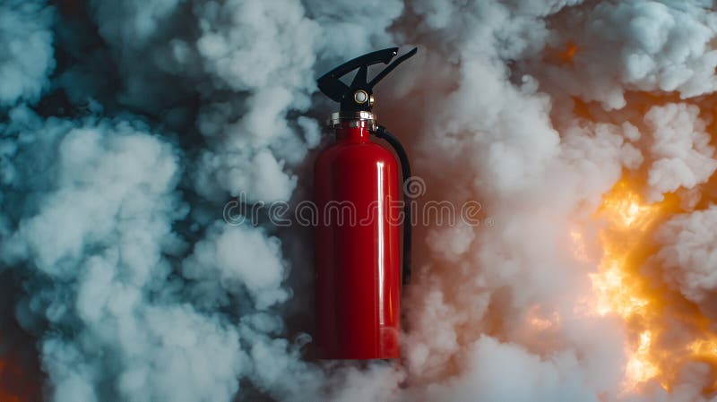 Red Fire Extinguisher Amidst Flame and Smoke Studio Shot Stock Image ...