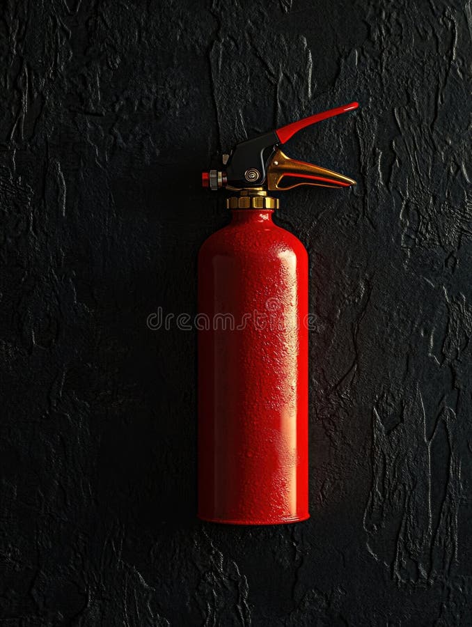 Red Fire Extinguisher on Black Wall Stock Photo - Image of emergency ...