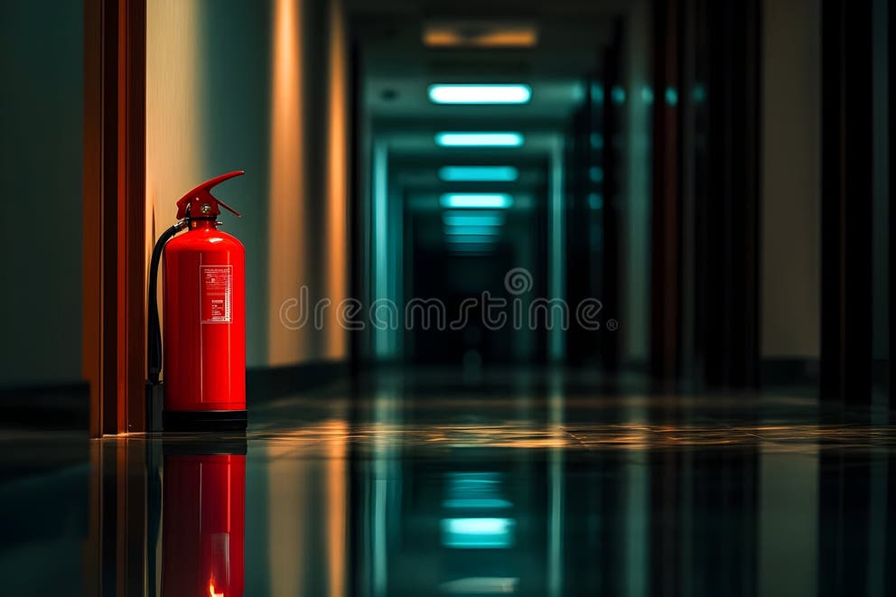 Red Fire Extinguisher in Dimly Lit Hallway for Emergency Safety Stock ...