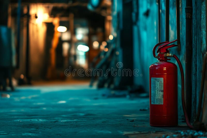 Red Fire Extinguisher in the Foreground. Stock Image - Image of danger ...