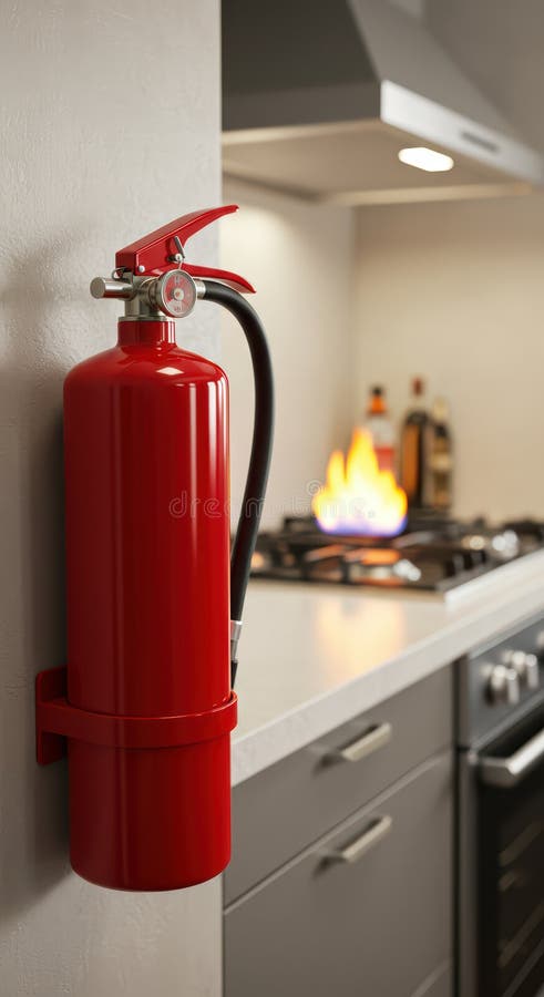 Red Fire Extinguisher in the Kitchen, Harmoniously Blended with the ...