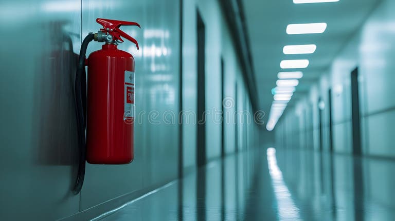 Red Fire Extinguisher in a Modern Empty Hallway with Fluorescent ...